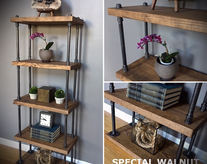 Free-standing, Wood and Black Iron Pipe Fitting, Shelf Storage ...
