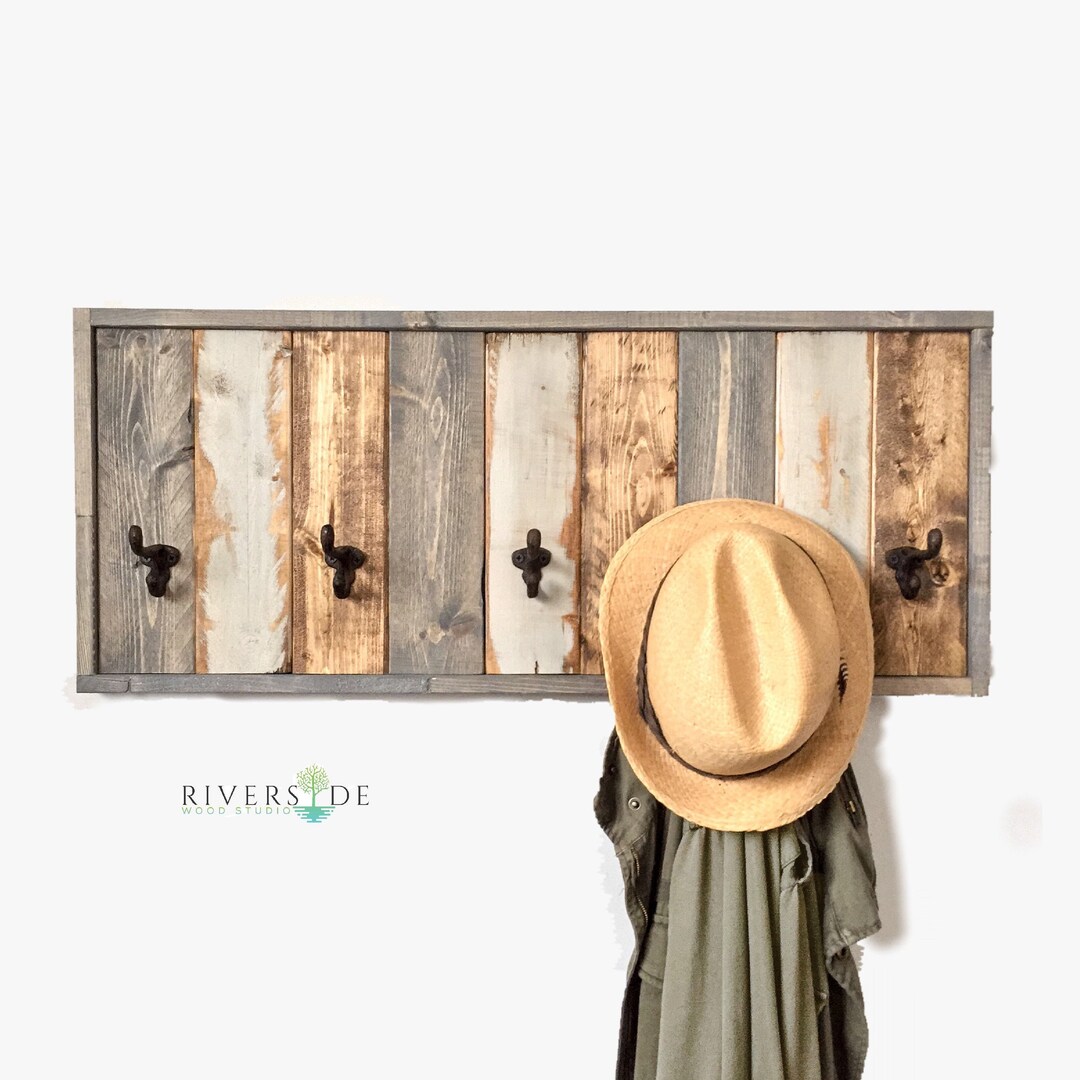 Large Rustic Wood Coat Rack With Cast Iron Hooks - Etsy
