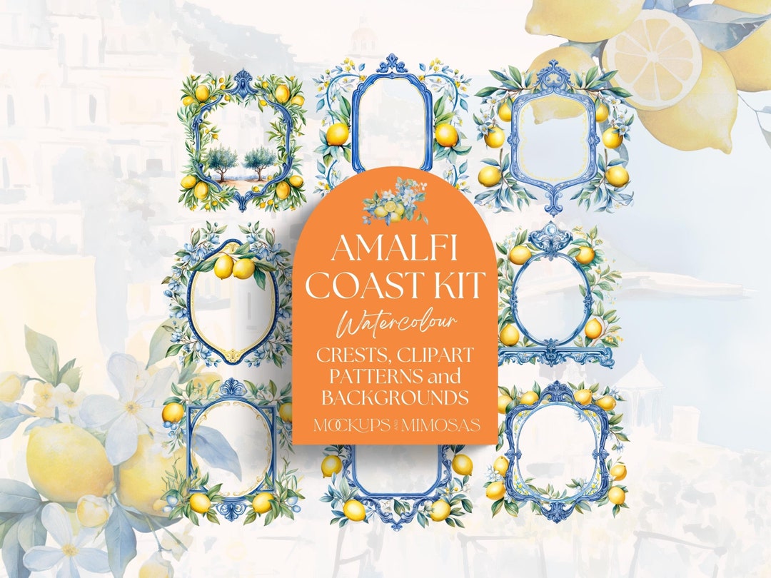 Amalfi Coast Elegance Clip Art: Mediterranean & Lemon Themed Watercolor ...