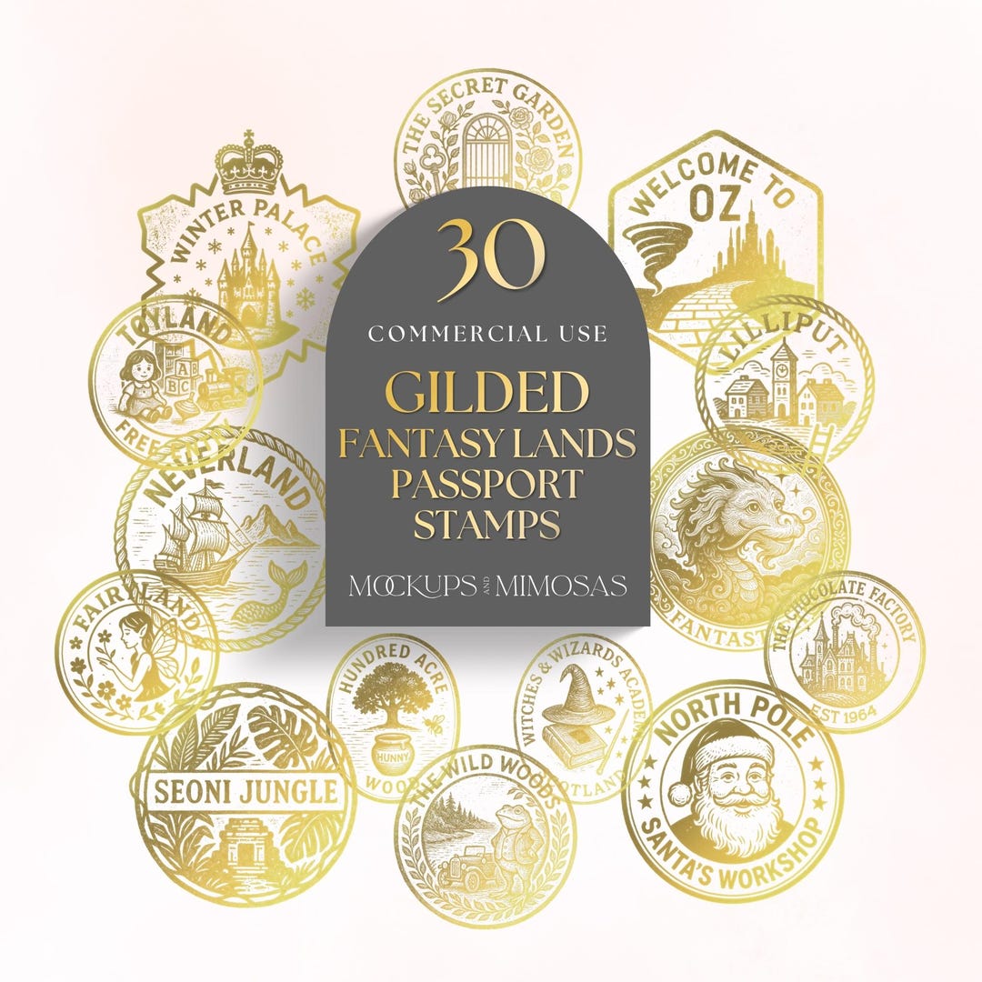 Passport Stamps. Gilded Fairy-tale Lands Clipart. Gold Foil Fantasy ...