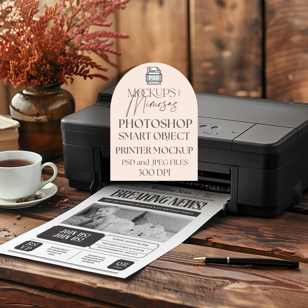 Printer Mockup. Black and Fall Tones Rustic Desktop. Printed Paper ...