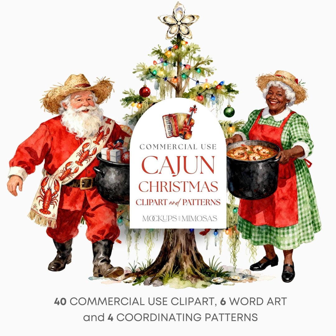 Watercolor Cajun Christmas Clipart: Louisiana Santa, Alligator (digital ...