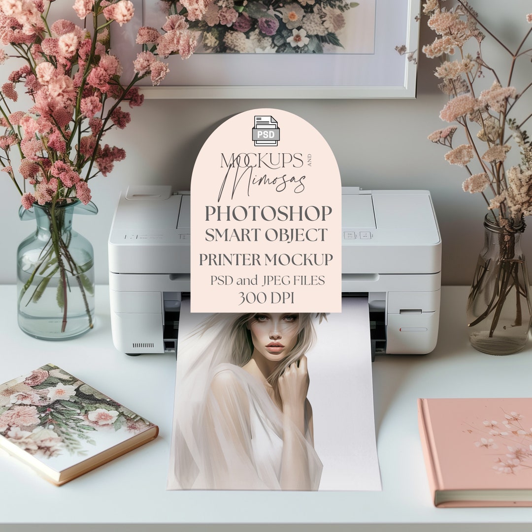 Desktop Printer Mockup. Feminine, Elegant Office. Printed Paper ...