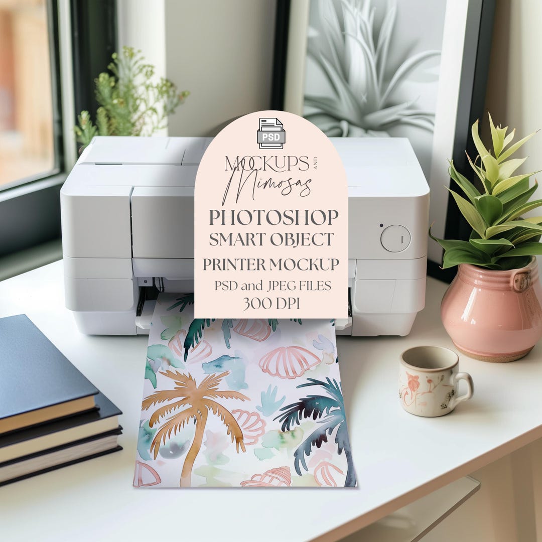 Desktop Printer Mockup. Minimal Feminine Office With Greenery. US ...