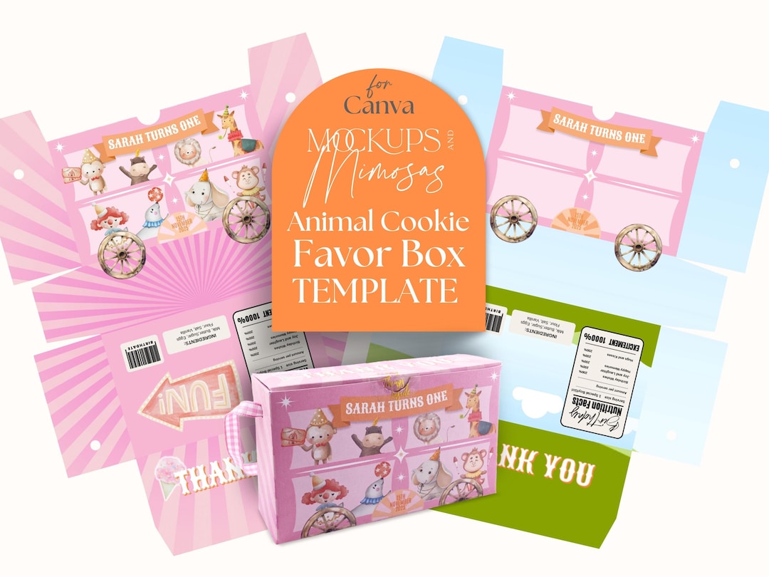 Animal Cookie Box Template, Editable Party Favor (canva, SVG) - Etsy