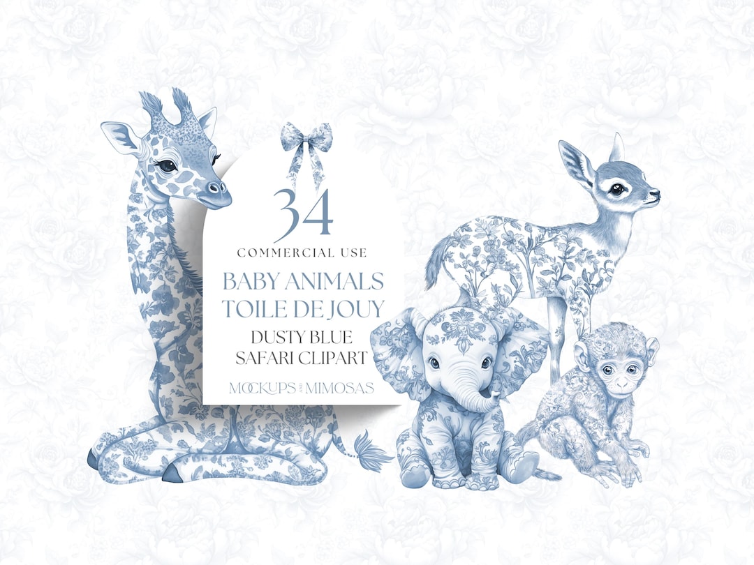 BABY Safari Animals Toile De Jouy Clipart. Dusty BLUE Watercolour ...