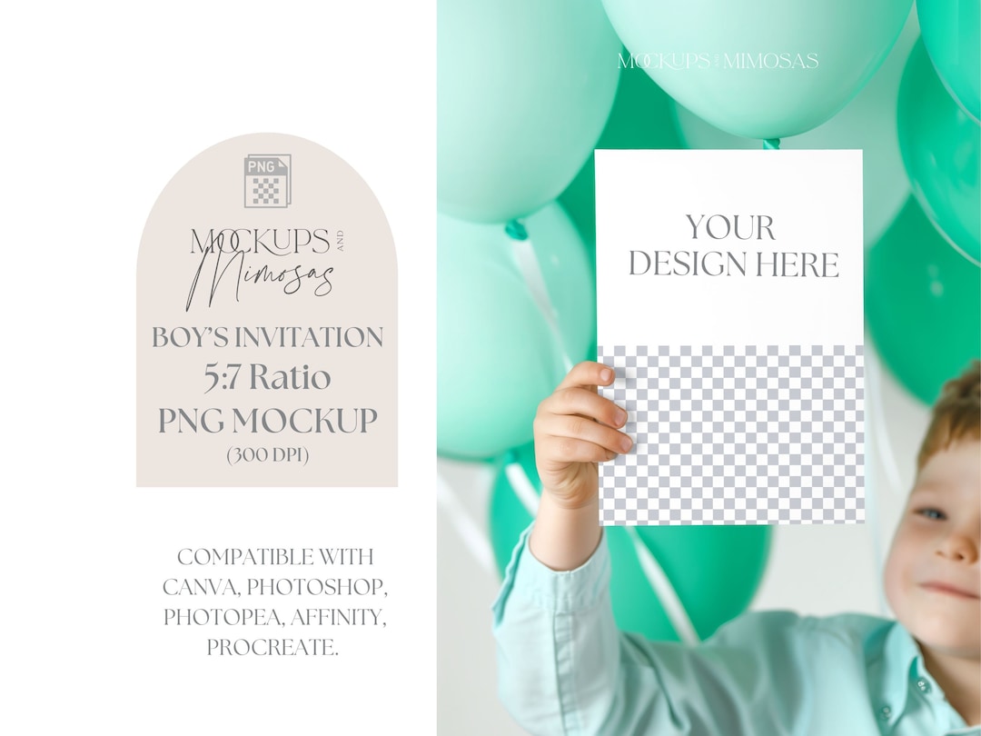 Boy and Balloons Invitation Mockup. Kid's Party Stationery Mockup ...