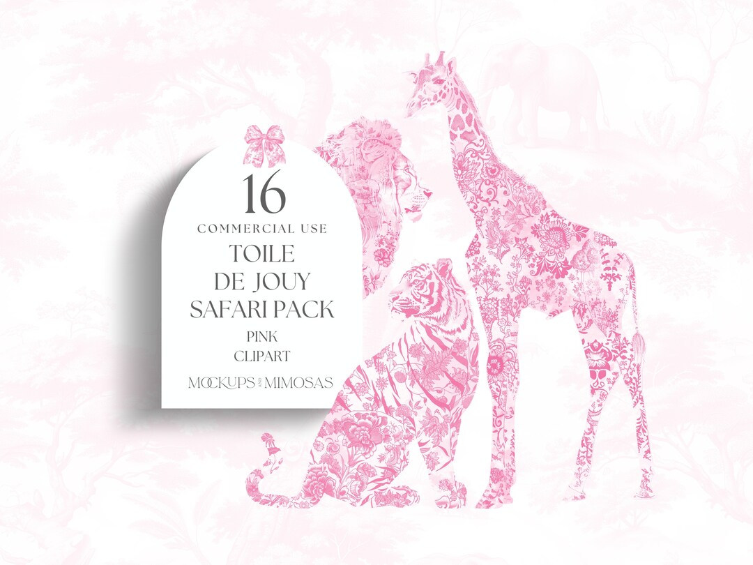 Pink Toile De Jouy Safari African Animals Clipart. Watercolour Jungle ...
