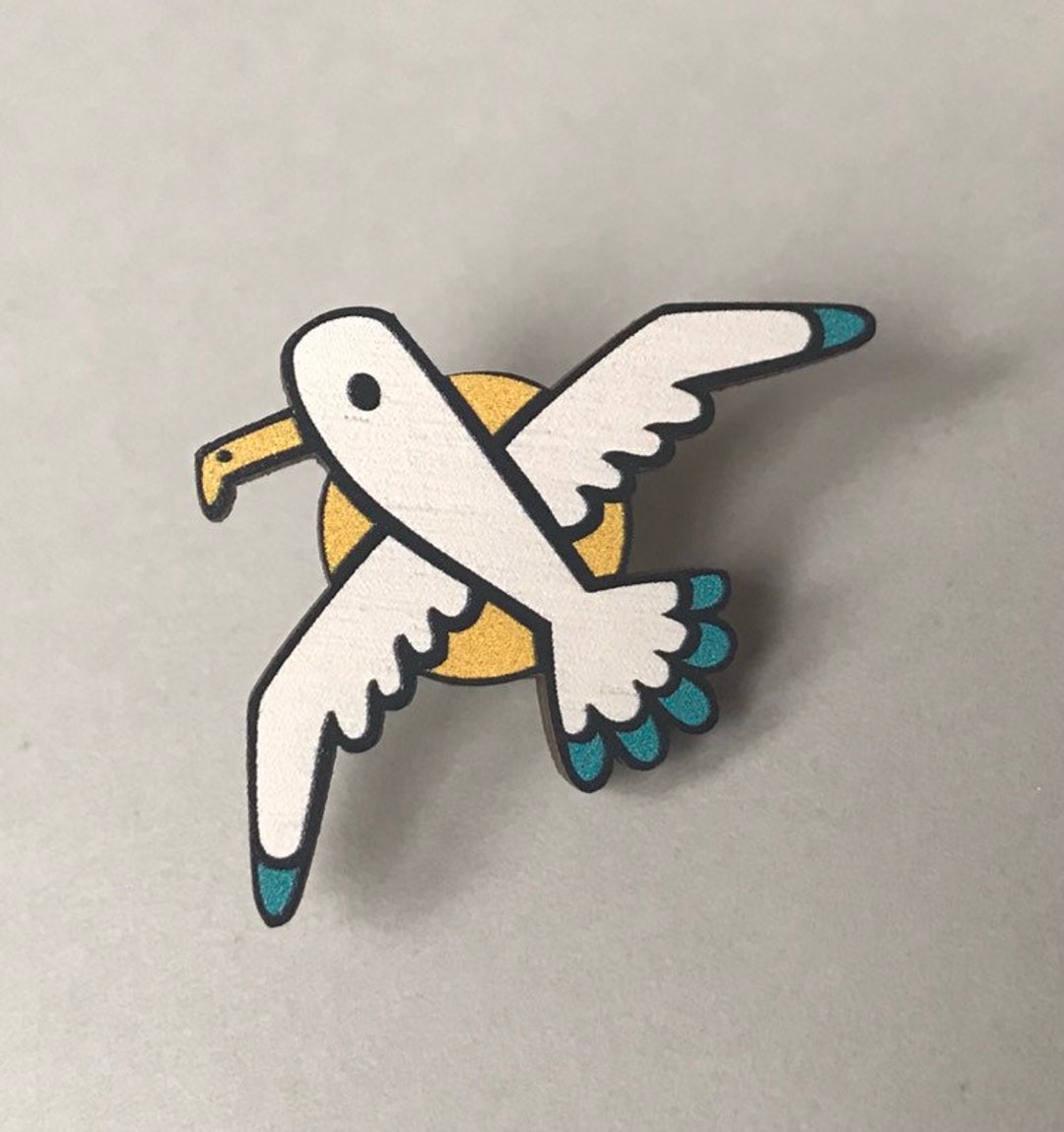 Wooden Seagull Pin Badge With Blue Tips - Etsy