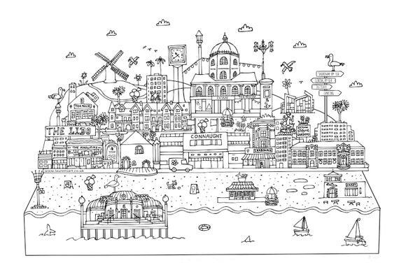 Worthing Illustrated Landmarks Print Black A4 | Etsy UK
