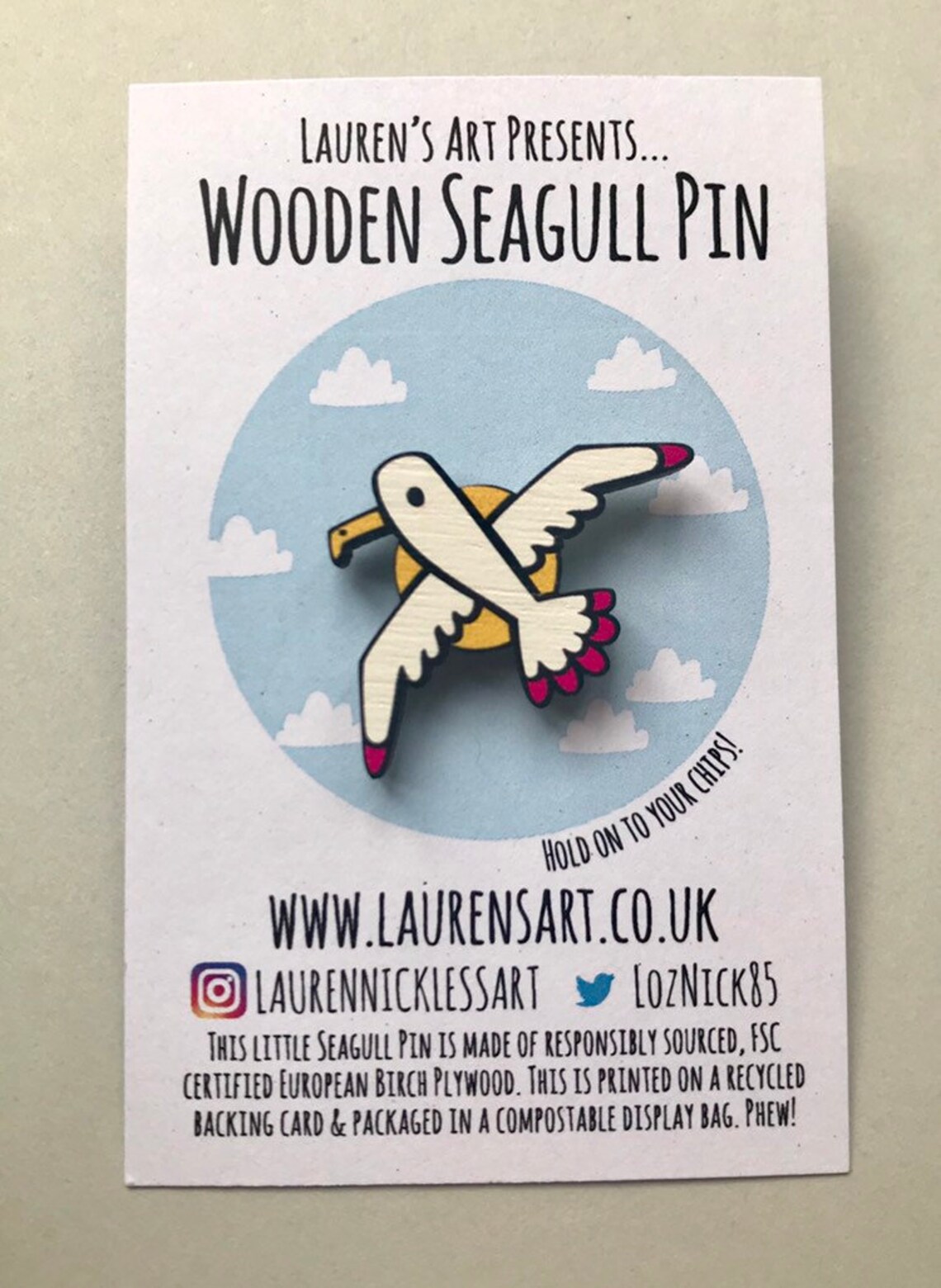 Wooden seagull pin badge with blue tips | Etsy