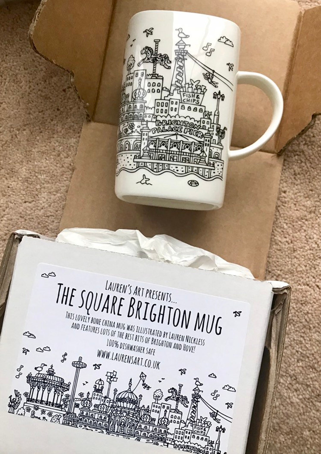 Square Brighton Mug, Bone China Cup With Illustrated Cityscape Design ...