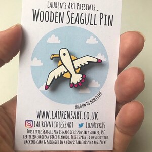 Wooden Seagull Pin Badge With Blue Tips - Etsy