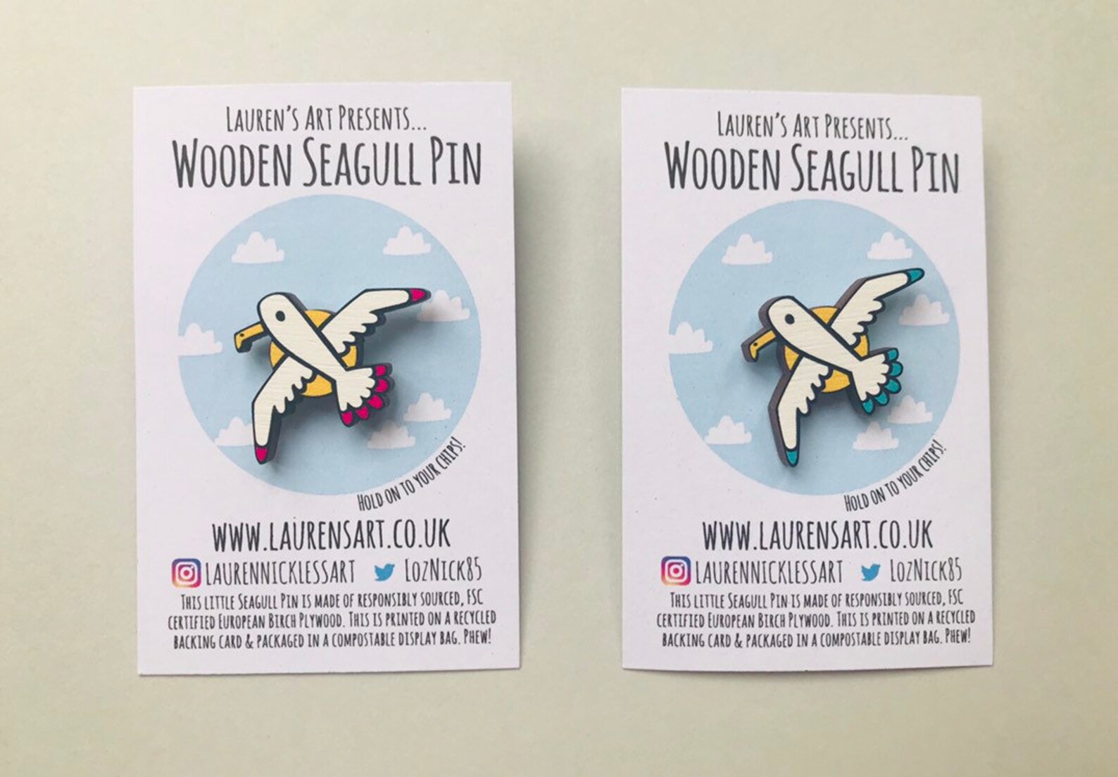 Wooden Seagull Pin Badge With Blue Tips - Etsy