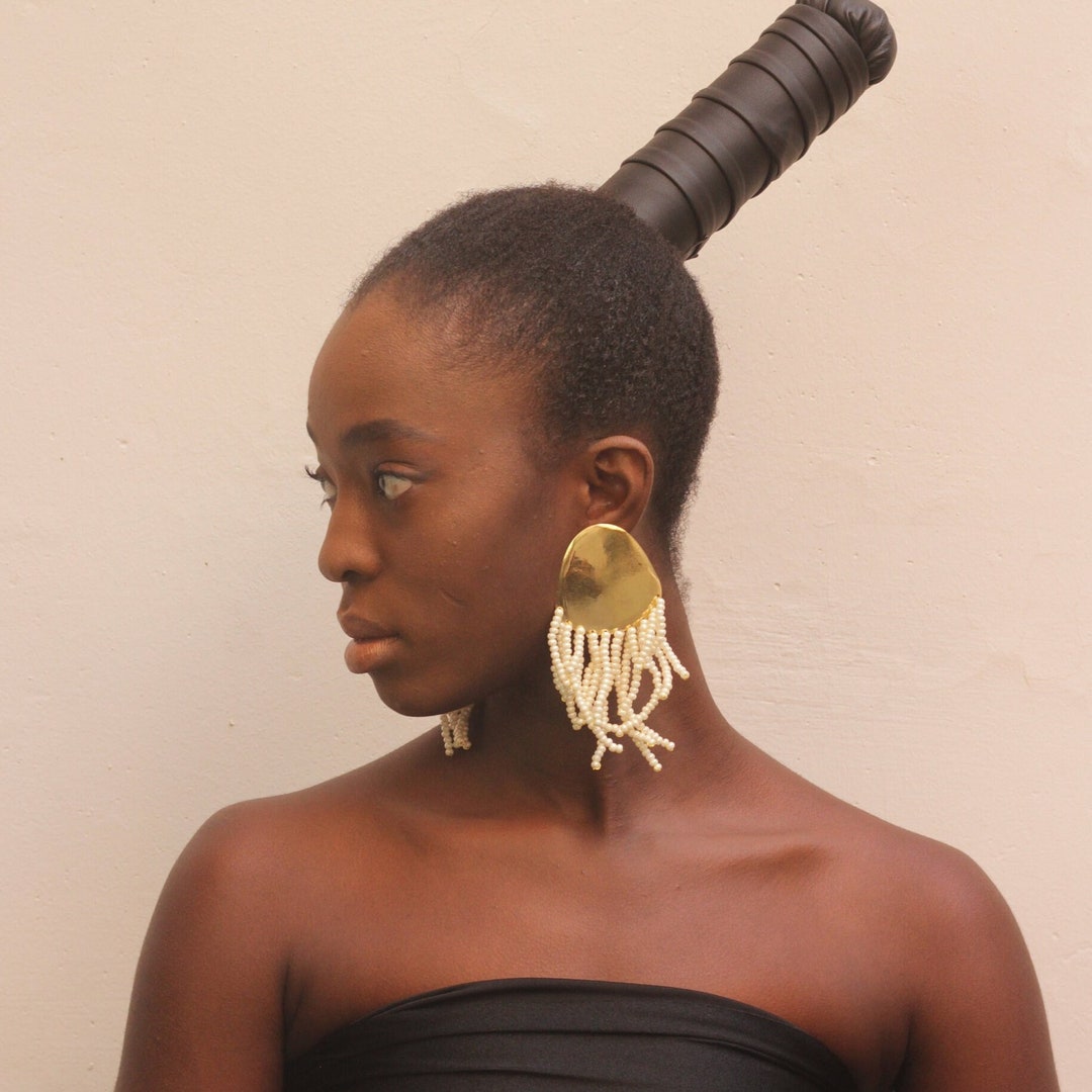 Chunky Drop Earrings With Pearl Fringes. Statement Big Fringe Earrings ...