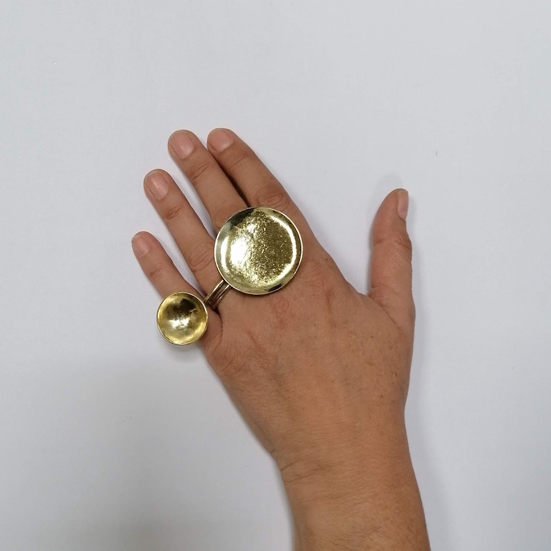Maxi Minimalist Gold Brass Ring. Two Floating Disc Sculpture Statement ...