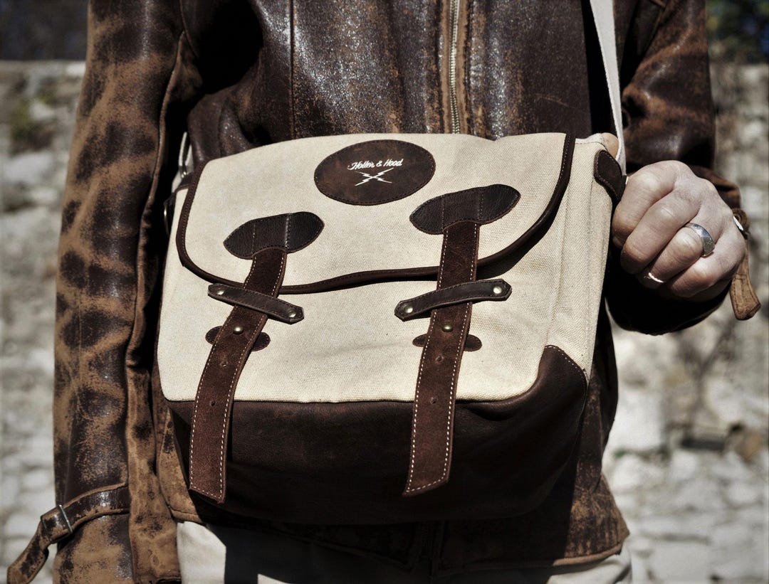 Crossbody Bag Beige Canvas and Vintage Brown Leather Messenger Bag ...