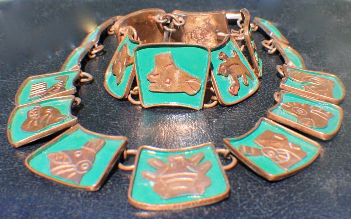 Vintage Mexico Copper Enamel Necklace and Bracelet Maya Jewelry Aztec ...