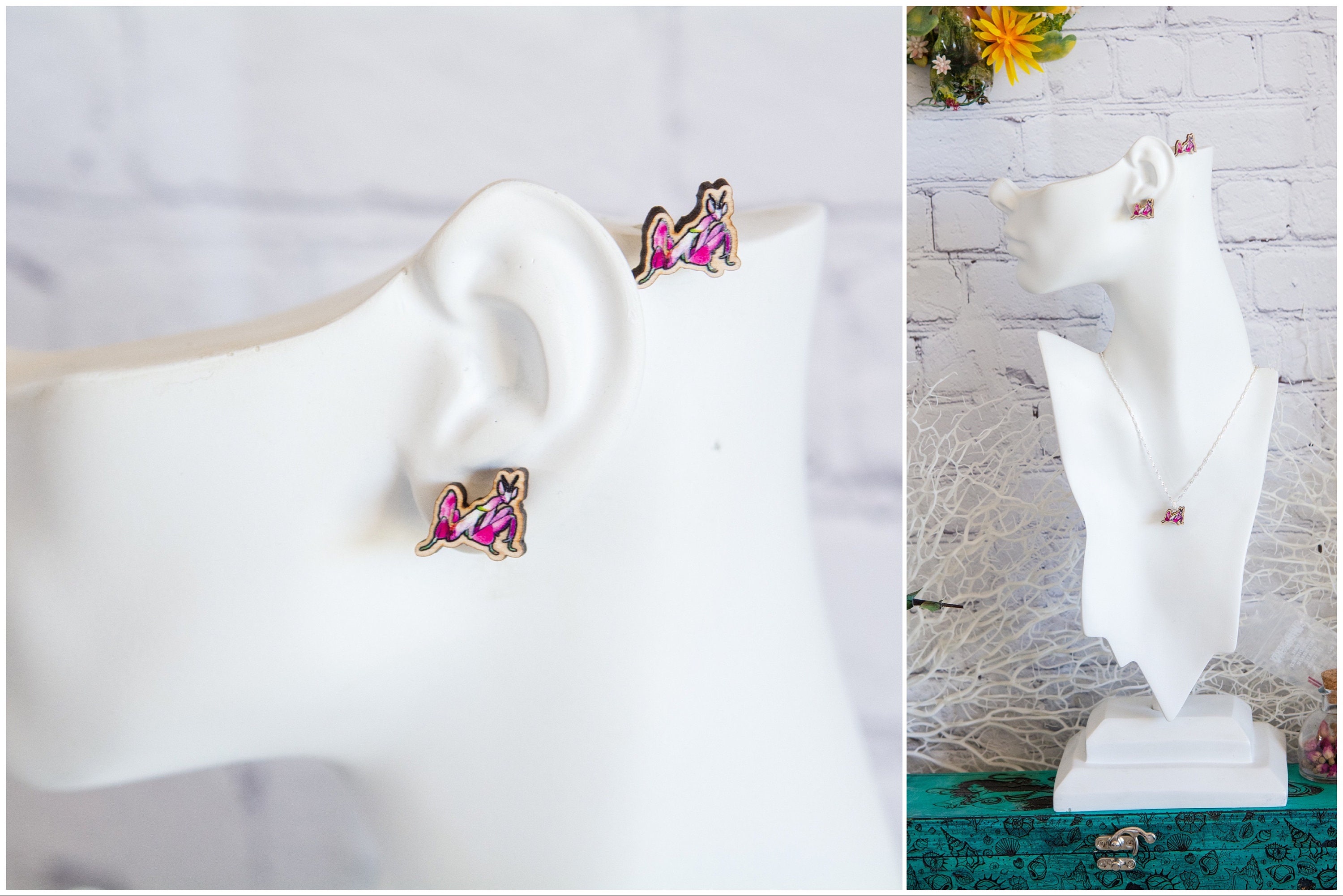 Orchid Preying Mantis Sustainable Wood Jewelry Wood Studs | Etsy