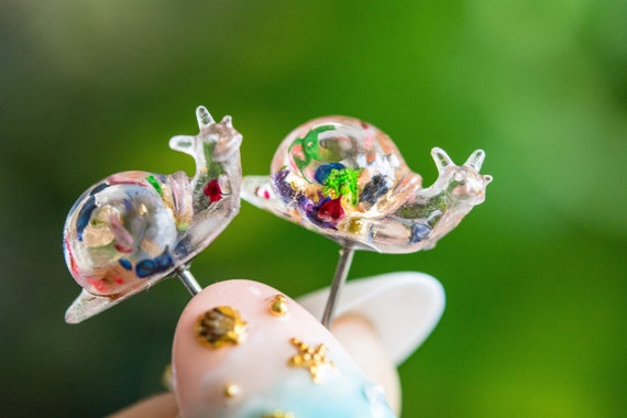 Pressed flowers and gold leaf snail earrings snail jewelry | Etsy