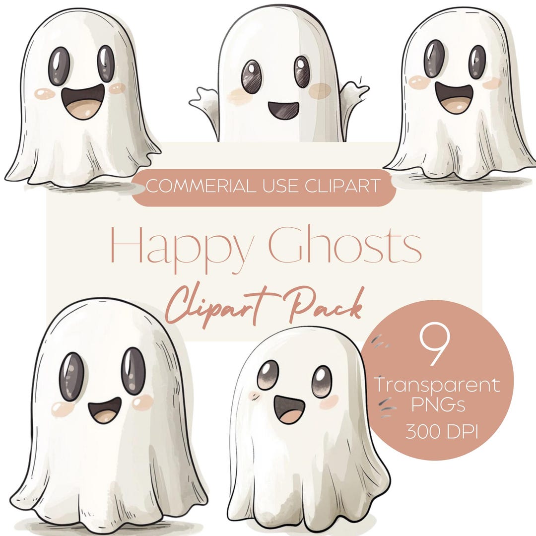Expressive Happy Cartoon Ghosts Clipart Pack | Fun & Playful Ghost ...