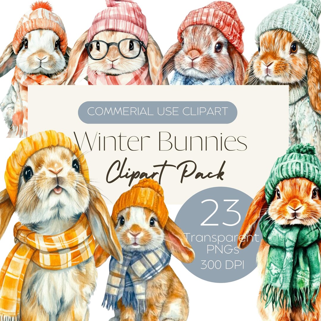 Winter Bunnies Clipart Pack | Cute Watercolor Rabbits in Winter Gear ...