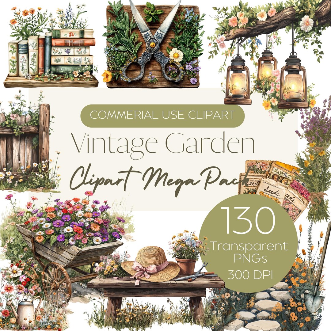 Vintage Garden Clipart Pack | Rustic Floral and Herb Garden | Mega Pack ...