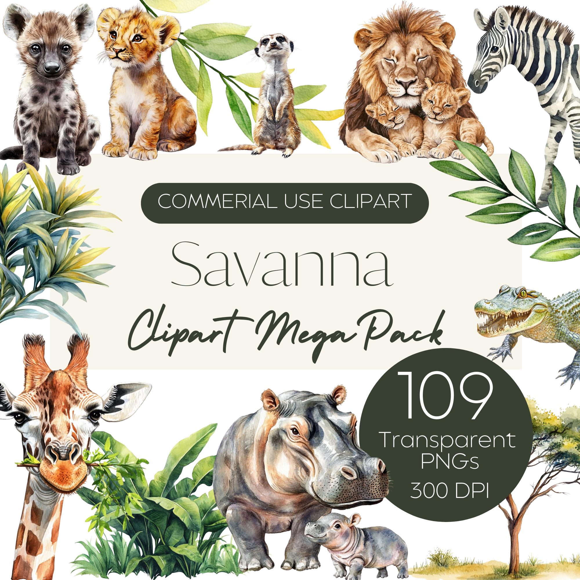 Savanna Life Clipart Pack | Lion Zebra Elephant Cheetah Hyena Trees ...