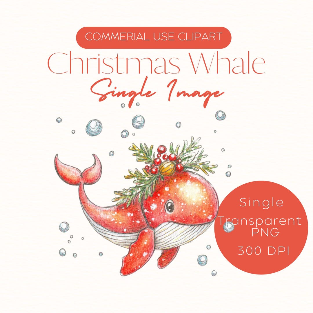 Christmas Whale PNG | Cute Cartoon Holiday Clipart | Festive Red Whale ...