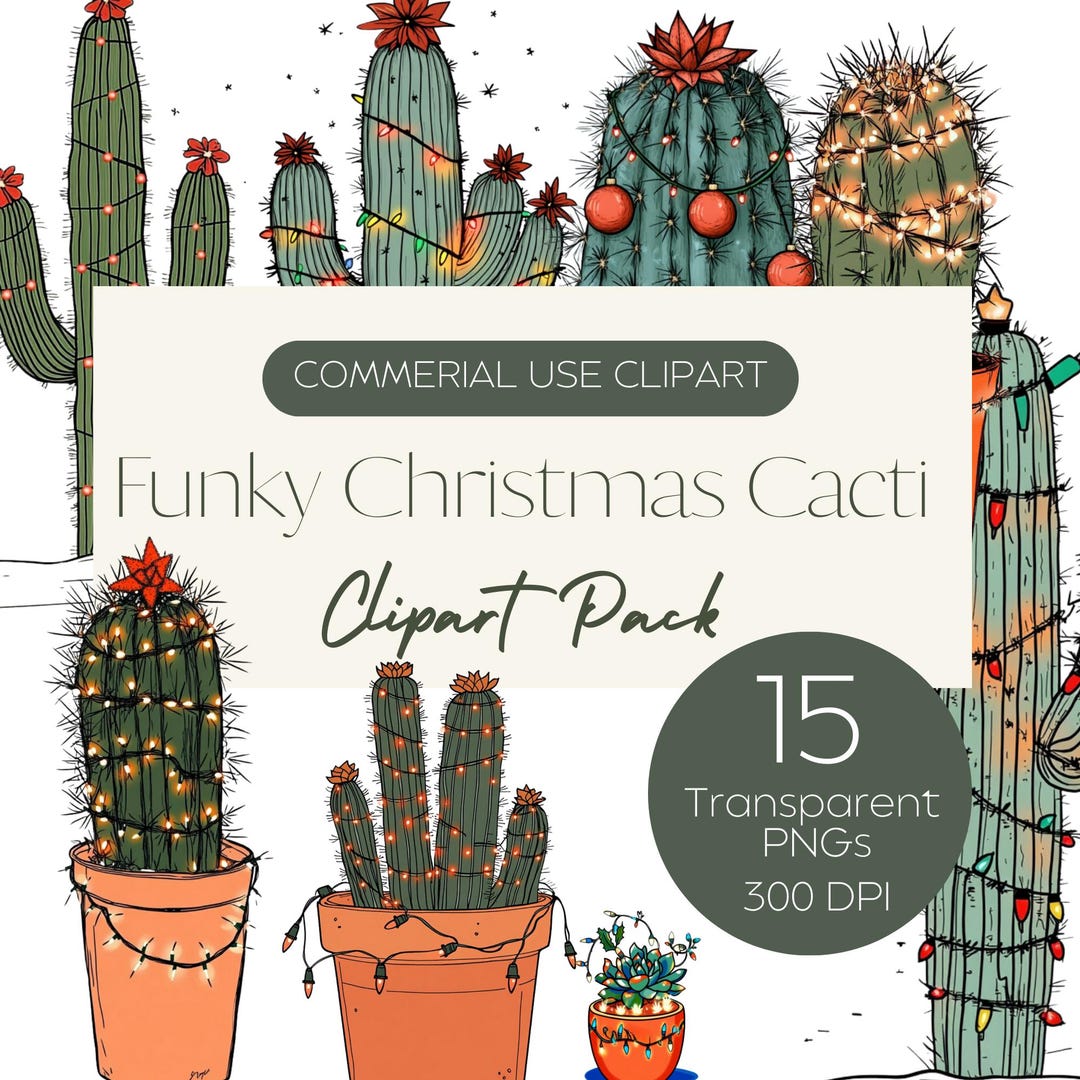 Funky Christmas Cacti Clipart Pack | Quirky Line Art Style Cactus ...