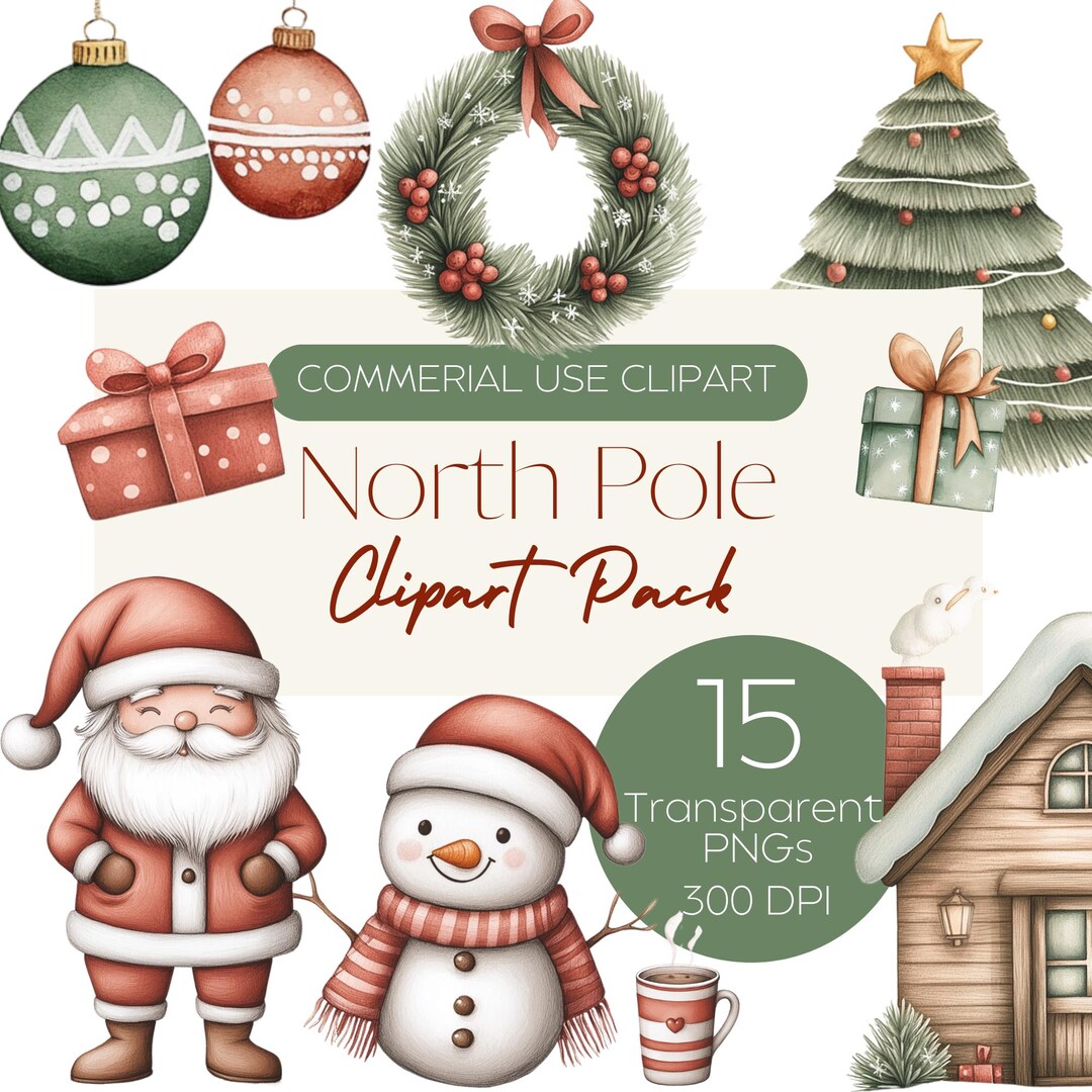 North Pole Clipart Pack | Cute Christmas Cartoon Santa, Snowman, and ...