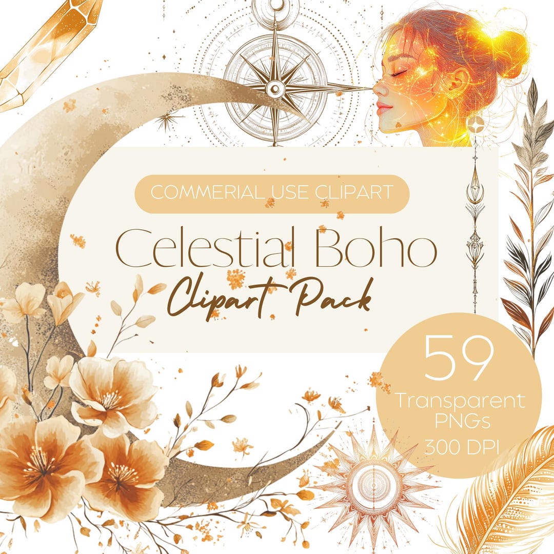 Celestial Boho Clipart Pack | Gold Tones and Mystical Boho ...