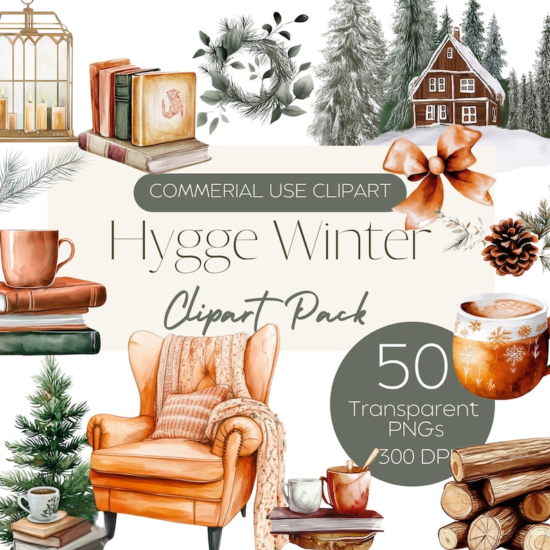 Hygge Winter Clipart Pack | Cozy Elements With Green and Rust Palette ...