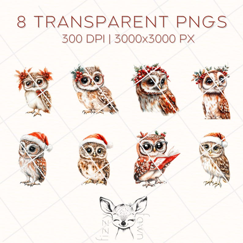 Festive Owls Clipart Pack | Cute Watercolor Christmas Owl | Santa Hat ...