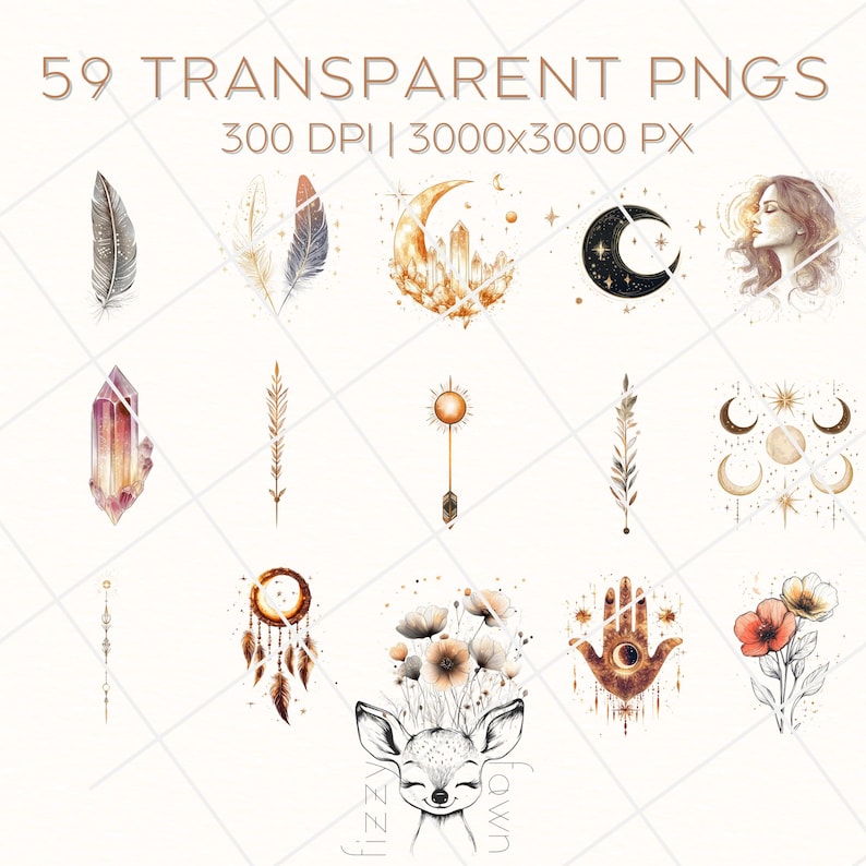 Celestial Boho Clipart Pack | Gold Tones and Mystical Boho ...