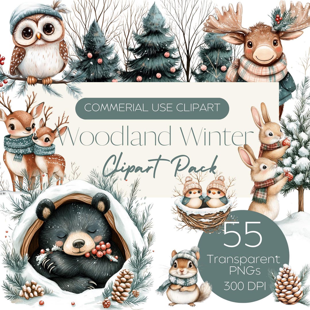 Woodland Winter Clipart Pack | Cute Christmas Woodland Animals in ...