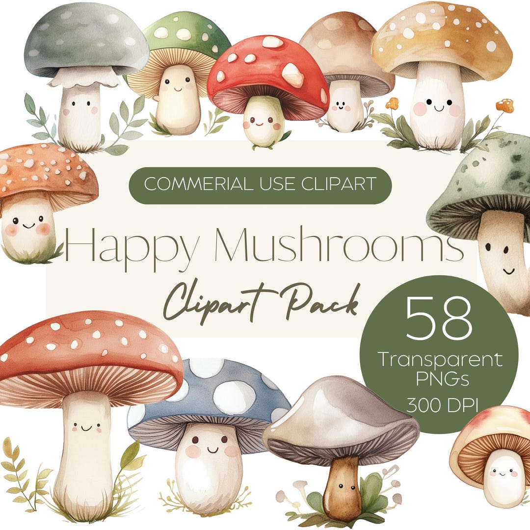 Happy Mushrooms Clipart Pack | Adorable Cute Smiling Fungi | 58 PNG ...