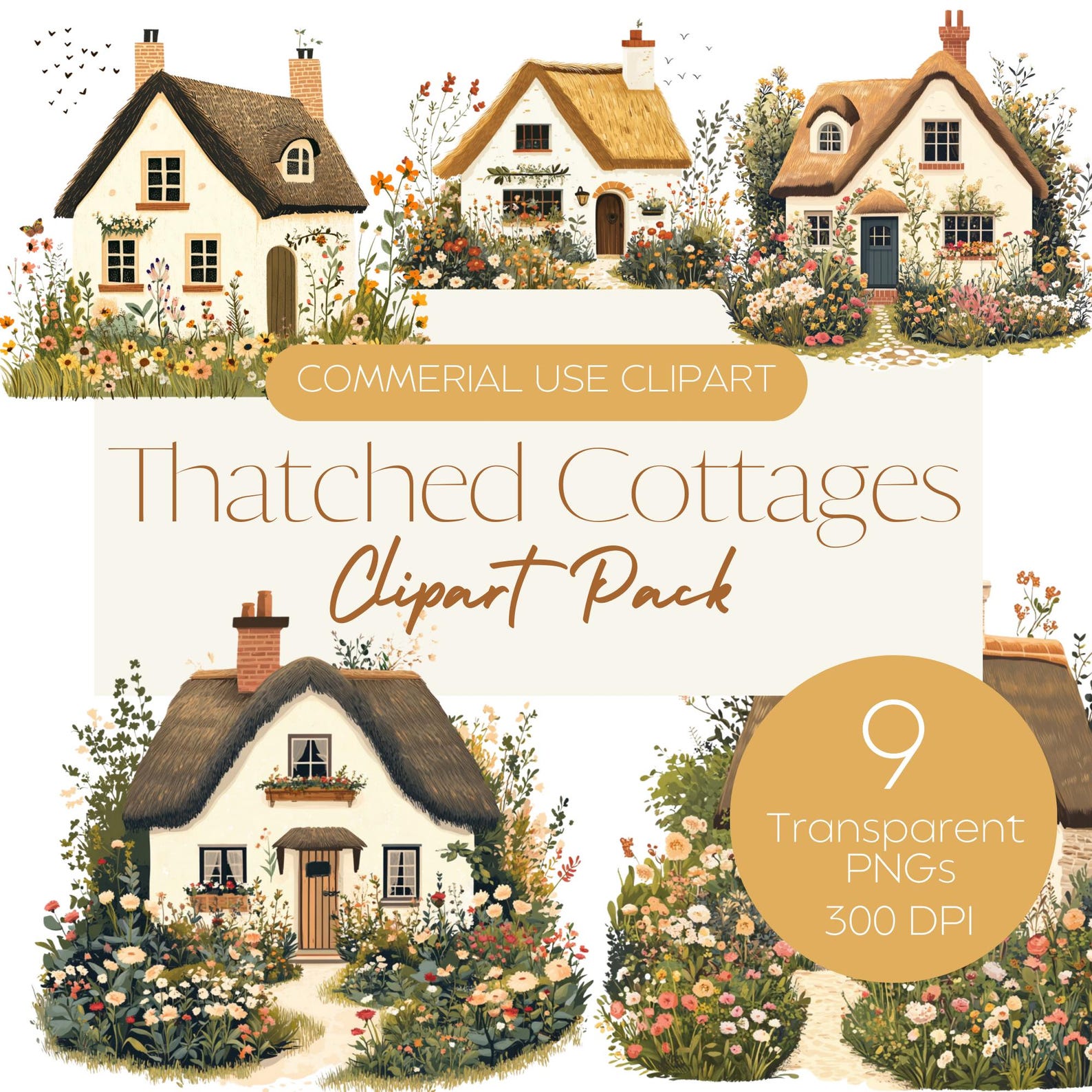 Thatched Cottages in Spring Clipart Pack | English Countryside ...