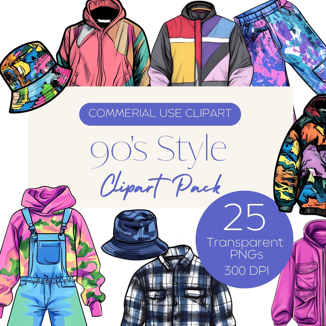 90's Vibes Clipart Pack | 1990s Style | Windbreaker, Bucket Hats ...
