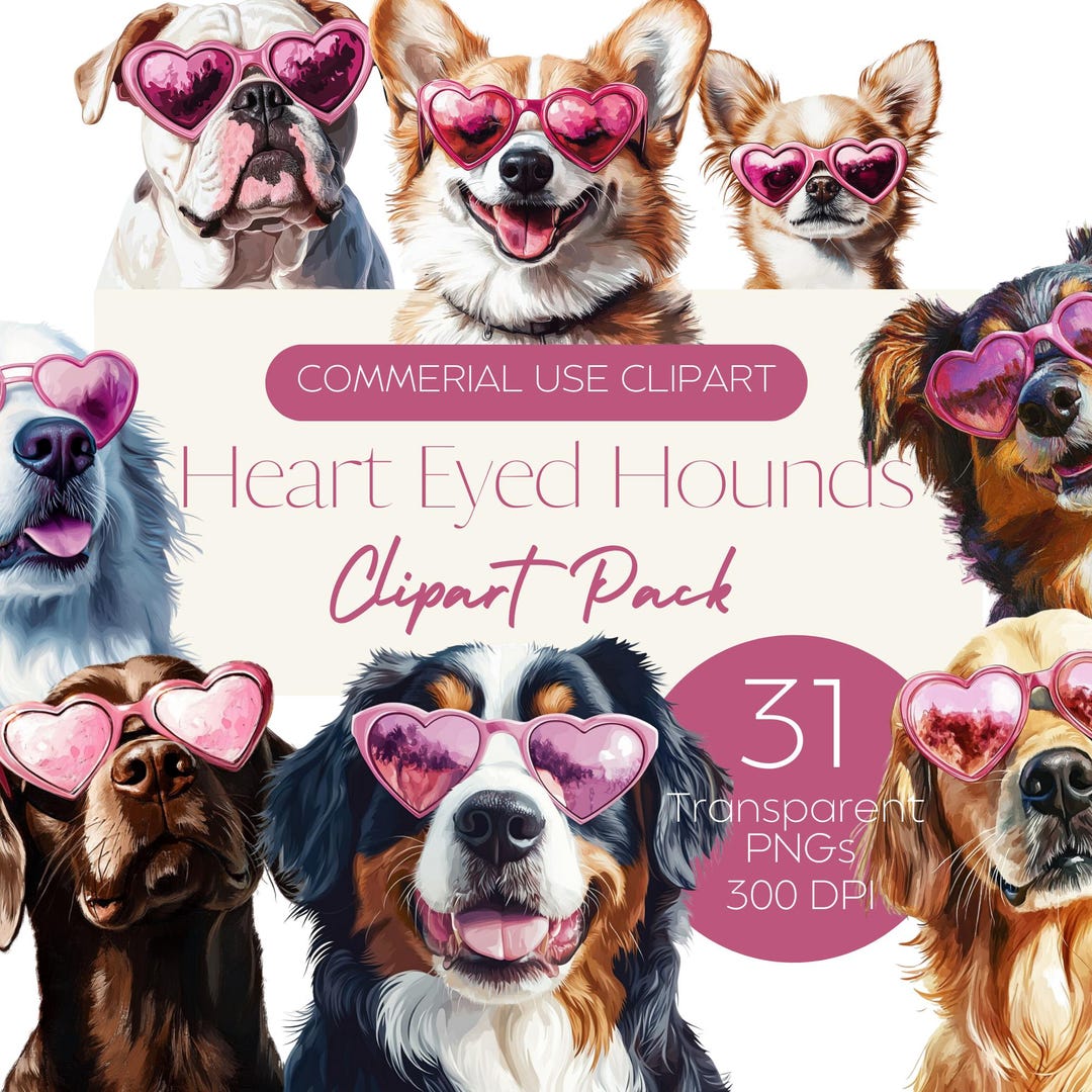 Heart Eyed Hounds Clipart Pack | Realistic Dogs With Heart Glasses ...