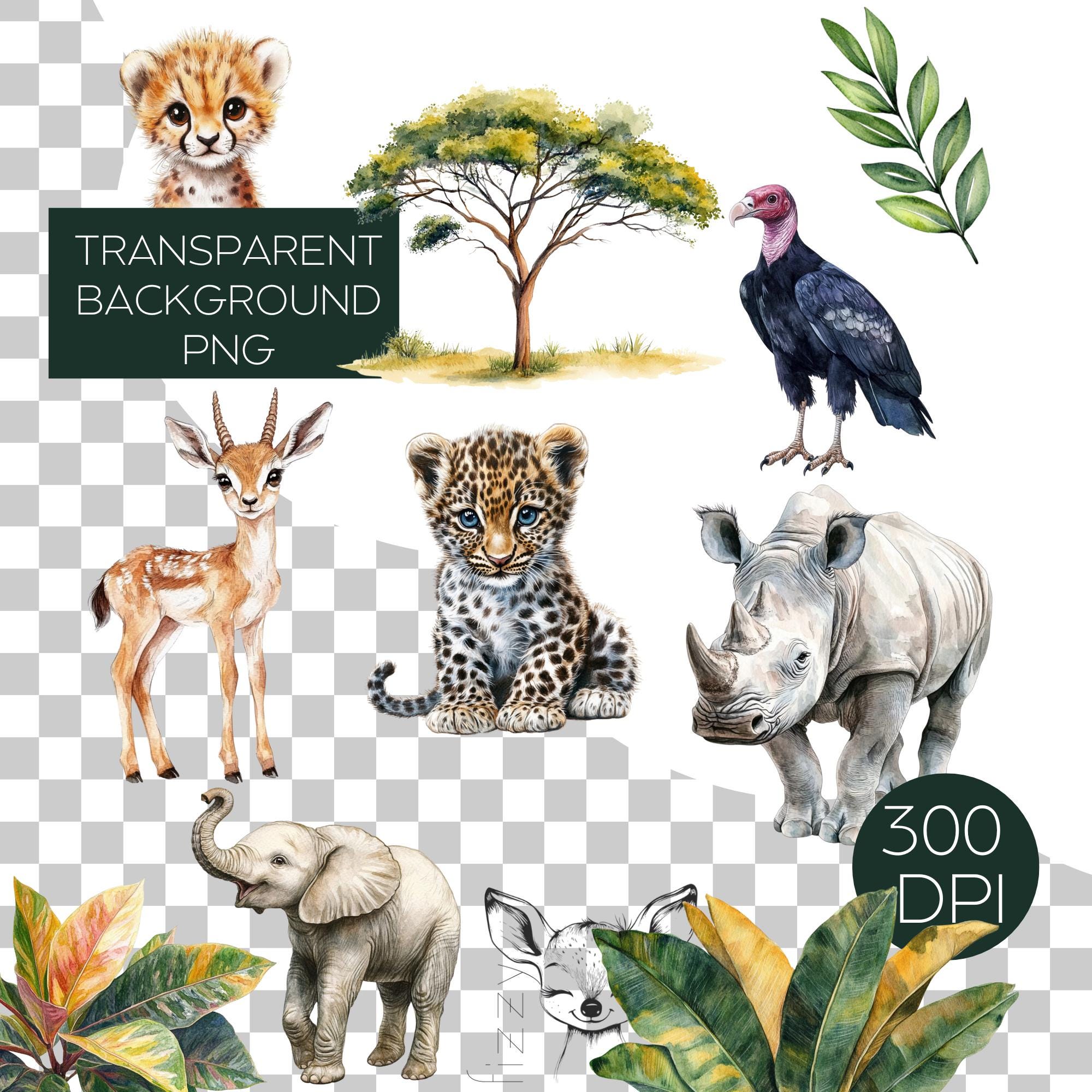 Savanna Life Clipart Pack | Lion Zebra Elephant Cheetah Hyena Trees ...
