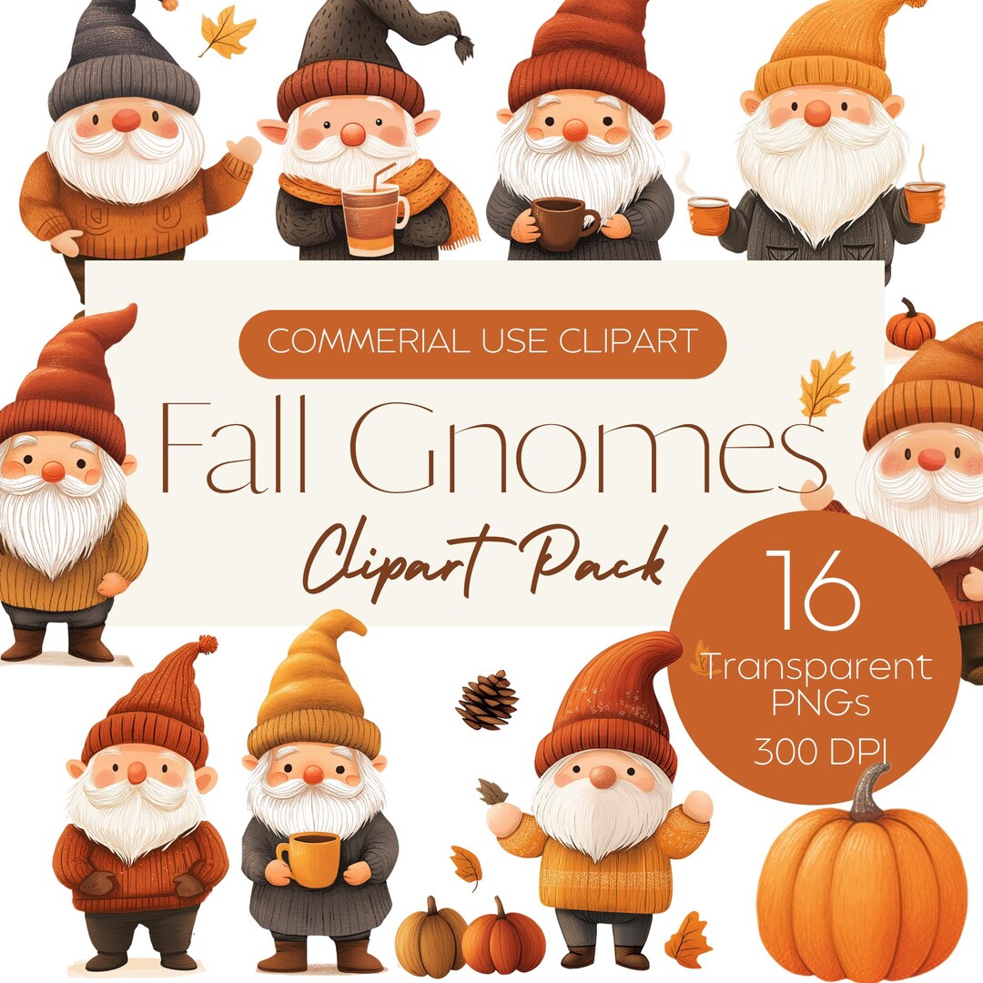 Fall Gnomes Clipart Pack | Fun & Playful Gnomes With Warm Fall Drinks ...