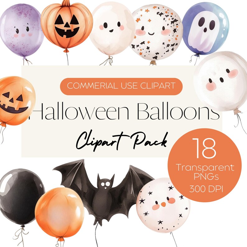 Halloween Balloons Clipart Pack | Cute Ghost Pumpkin Bat Black Orange ...