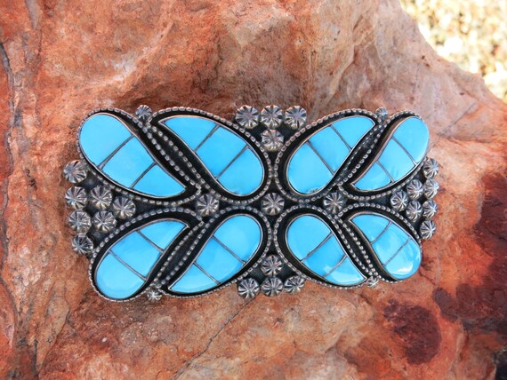 MAGNIFICENT ZUNI BUCKLE, Turquoise Inlay, Signed & St… - Gem