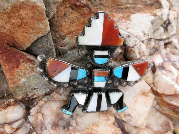 LARGE ZUNI KNIFEWING Brooch, Sterling Silver, Turquoi… - Gem