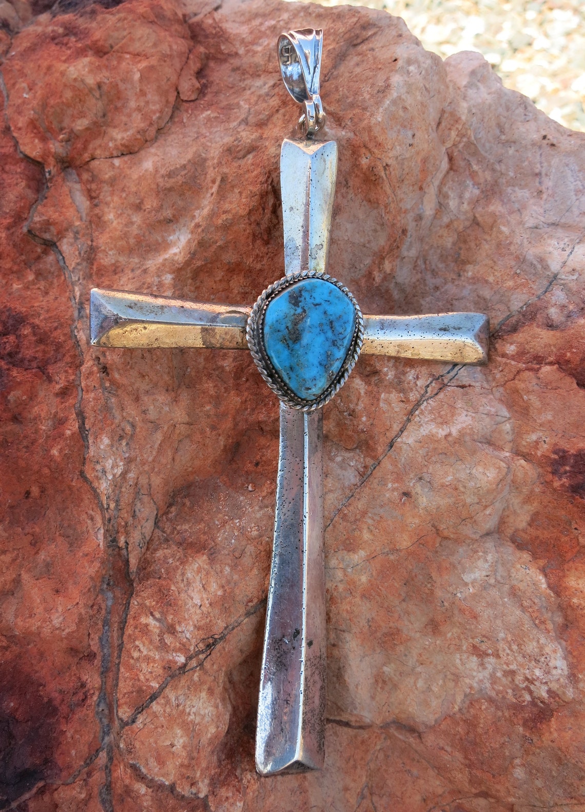 HUGE NAVAJO CROSS Pendant Morenci Turquoise Signed Sterling | Etsy