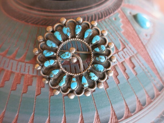 VINTAGE ZUNI BROOCH, Turquoise Petit Point, Sterling … - Gem