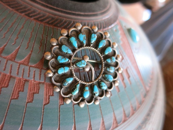 VINTAGE ZUNI BROOCH, Turquoise Petit Point, Sterling … - Gem