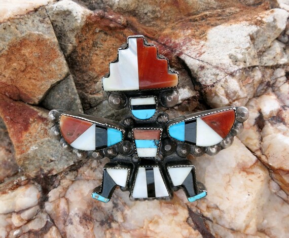 LARGE ZUNI KNIFEWING Brooch, Sterling Silver, Turquoi… - Gem