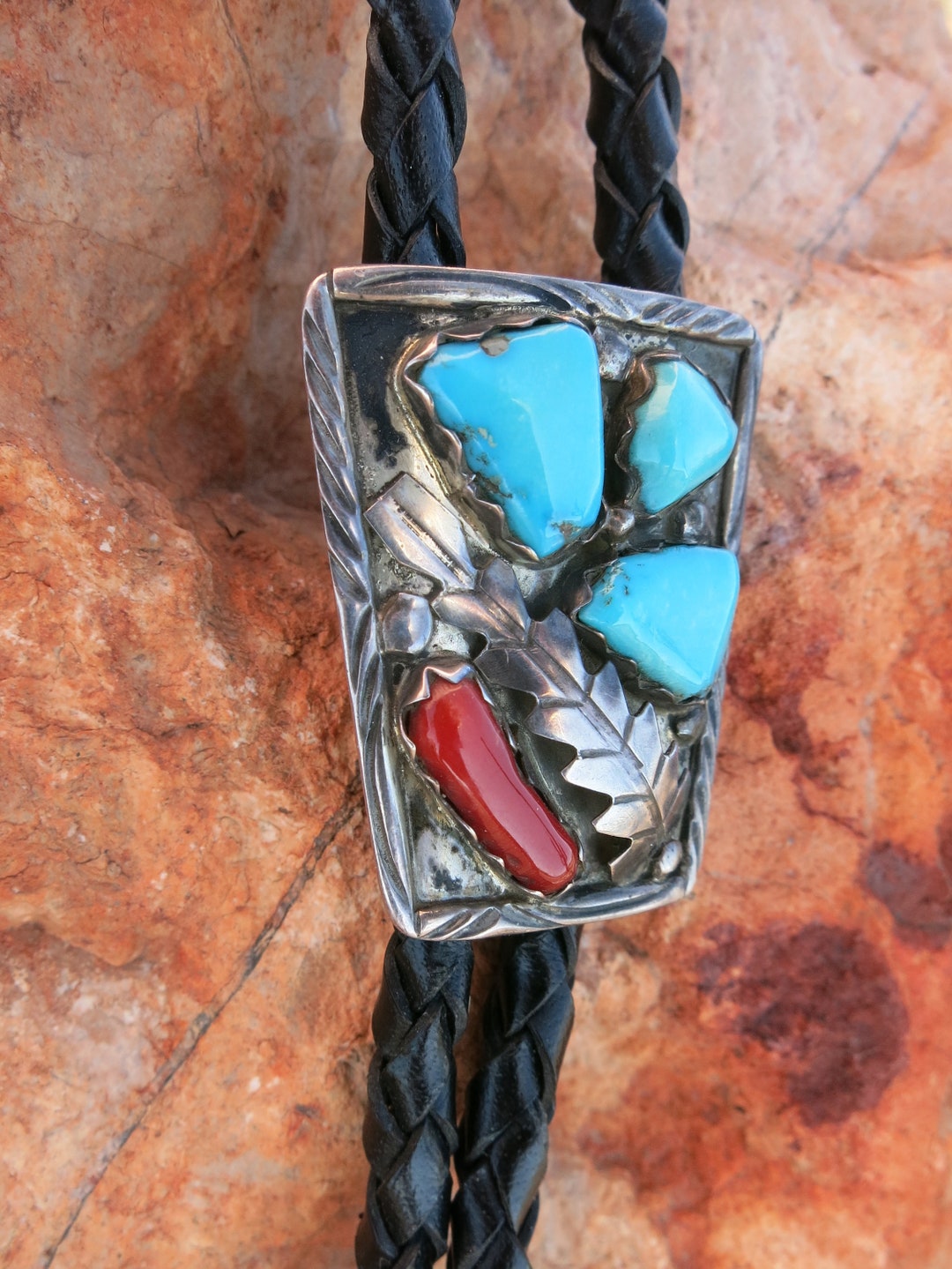 VINTAGE NAVAJO BOLO, Turquoise & Coral, Handmade, Bennett Clasp ...